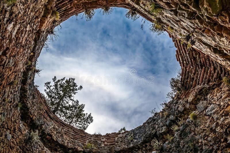 Upward View from Inside Ancient Stone Tower Ruins in Alanya Castle ...