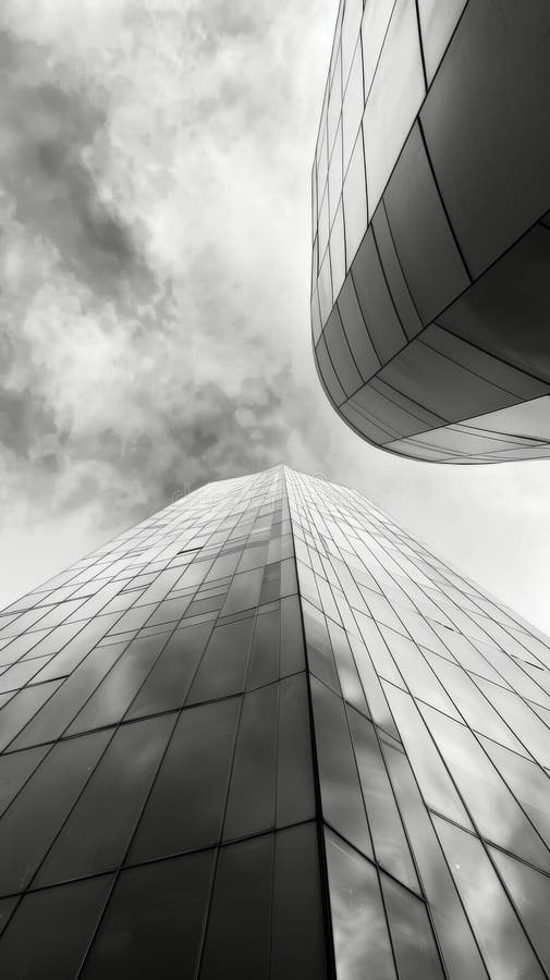 Upward View of a Modern Skyscraper Against Cloudy Sky in Black and ...
