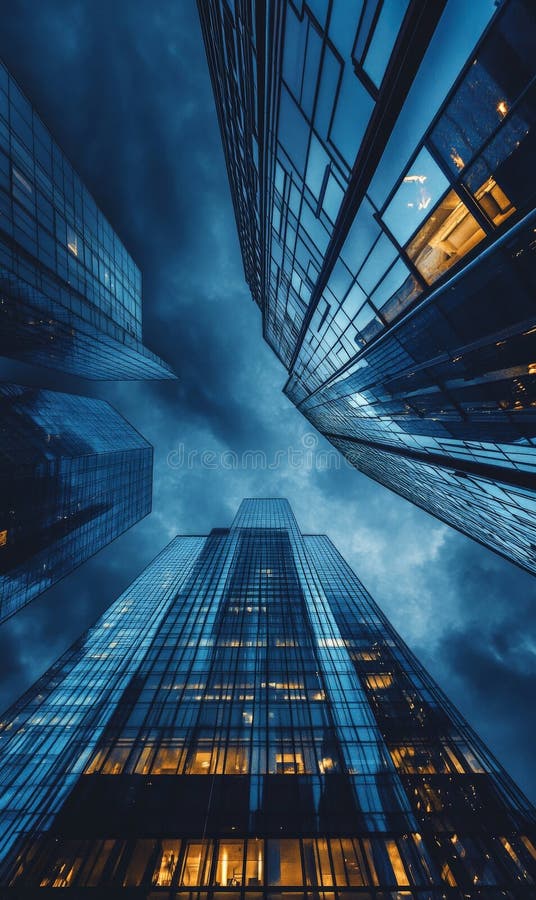 Upward View of Modern Skyscrapers with Reflective Glass Facades Stock ...