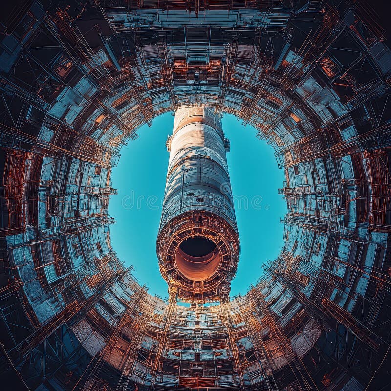 Upward View of Rocket in Industrial Launch Structure at Dawn Stock ...