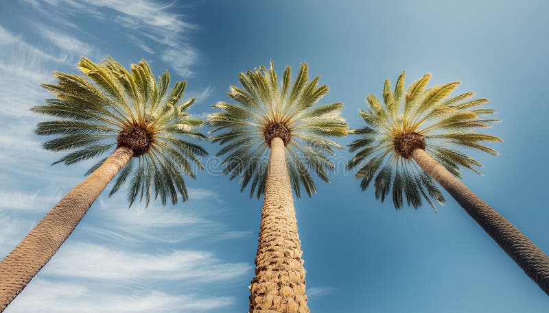 Upward View of Three Palm Trees with Clear Blue Sky Stock Illustration ...