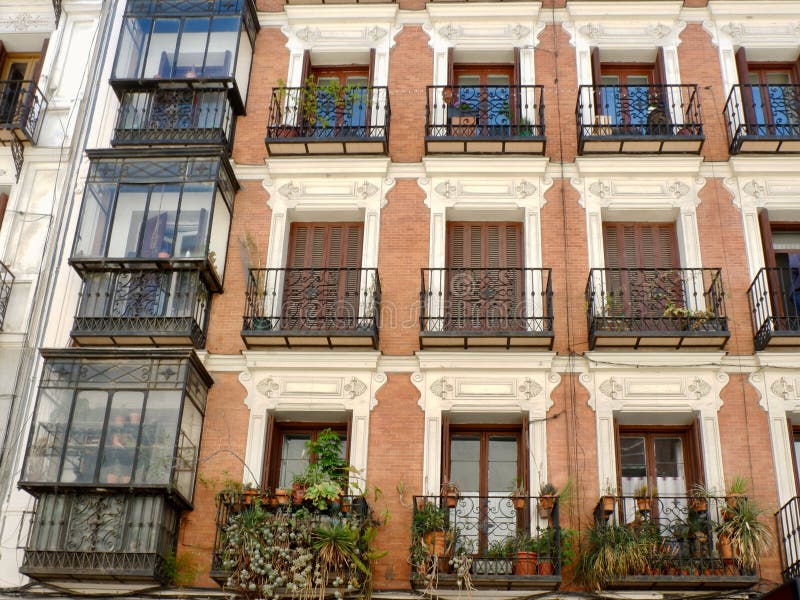 Upward View on Typical Vintage Spanish Facade from Madrid, Spain Stock ...