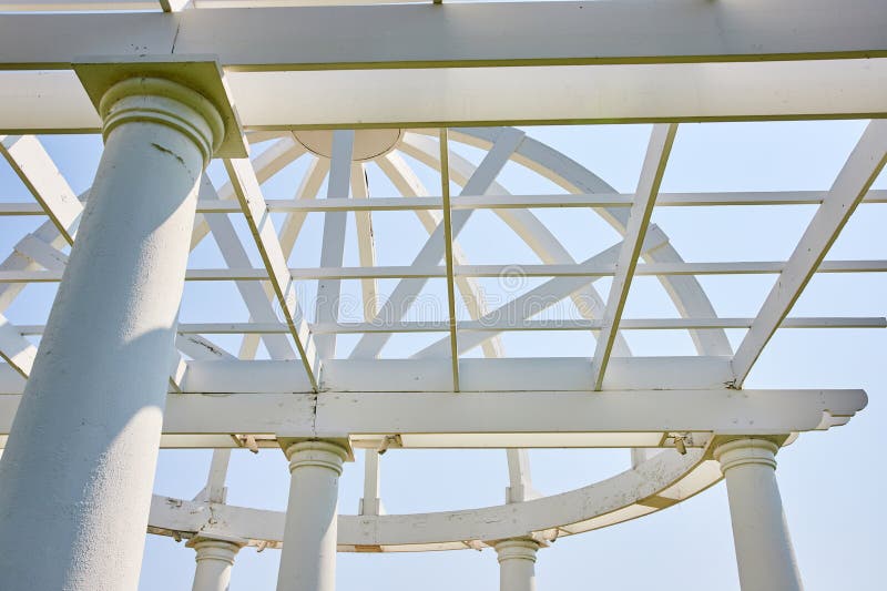 Upward View of Underside of White Pergola and Trellis and White Columns ...