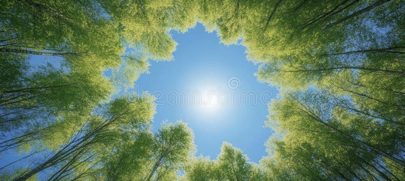 Upward View through Vibrant Green Spring Canopy, Sunlight Shining ...