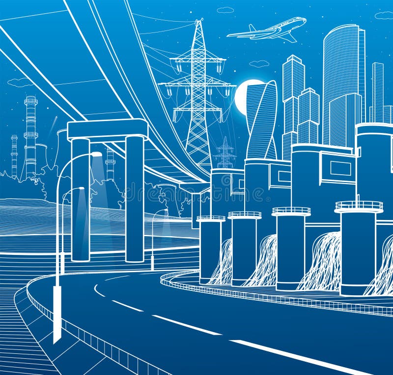 Hydroelectric Power Plant.Outline City Illustration. Car Overpass. Town ...