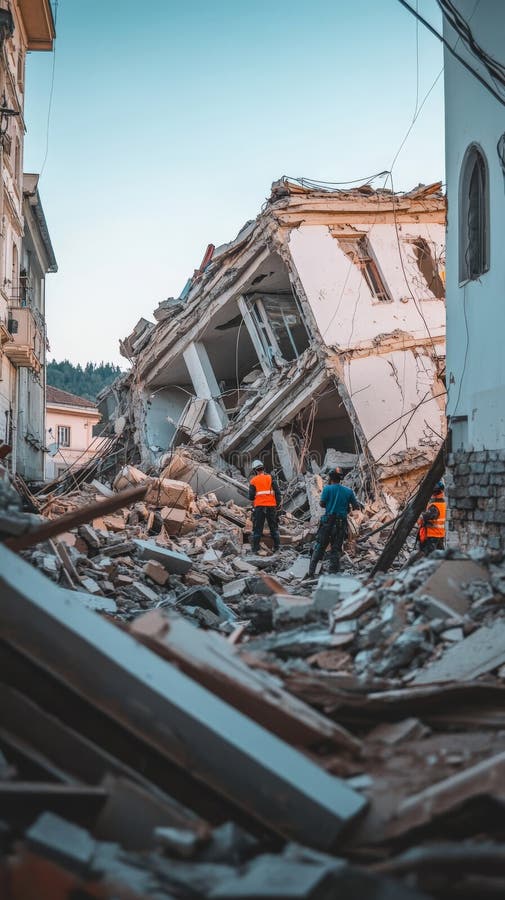 Urban Aftermath of Earthquake: Collapsed Building in Cityscape Stock ...