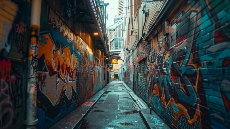 Urban Alley Adorned with Graffiti Art Stock Illustration - Illustration ...