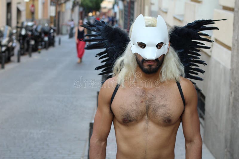 Urban Angel with Black Wings and White Mask Stock Image - Image of ...