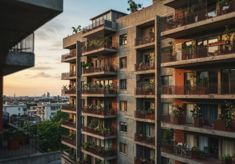 Urban Apartment Building with Green Balconies at Sunset Stock Image ...
