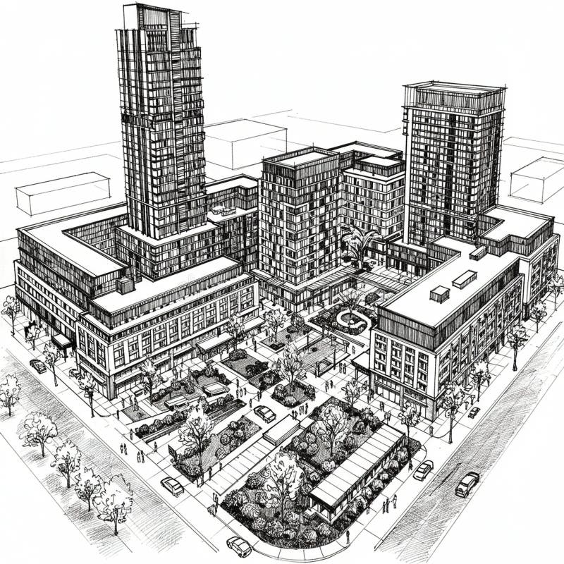 Urban Architectural Design Depicts a Modern Mixed-use Complex with ...