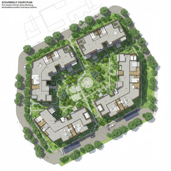 Urban Architectural Layout Featuring Four Rectangular Buildings with ...