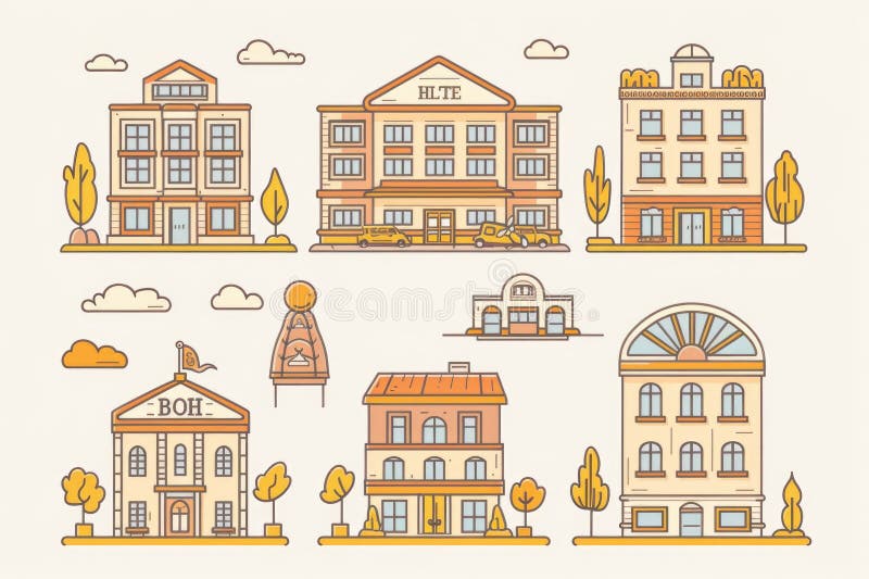 Urban Architecture Scene Featuring Multiple Buildings on a Clean White ...