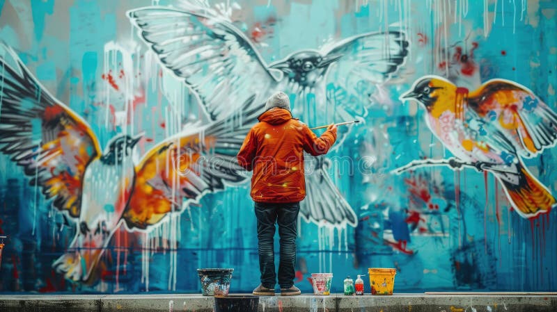 Urban Artist: Creating Vibrant Mural on City Wall. Stock Photo - Image ...