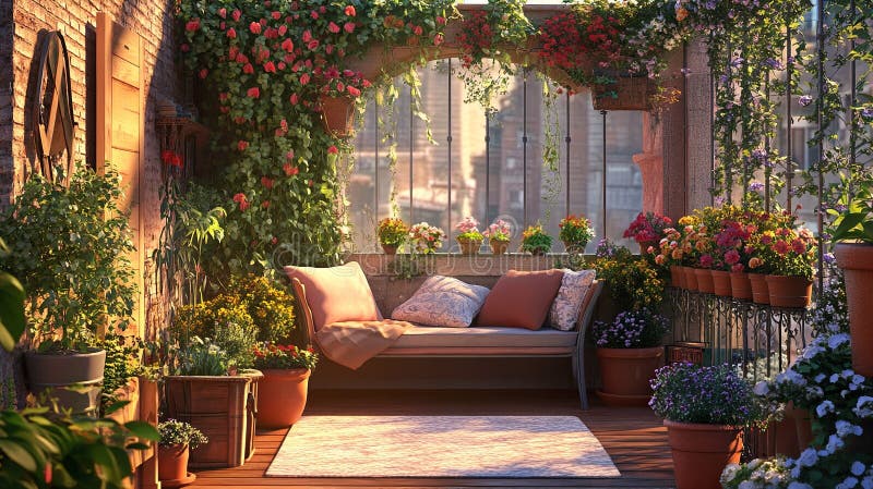 Urban Balcony with Potted Plants and a Cozy Seating Area. Stock Image ...