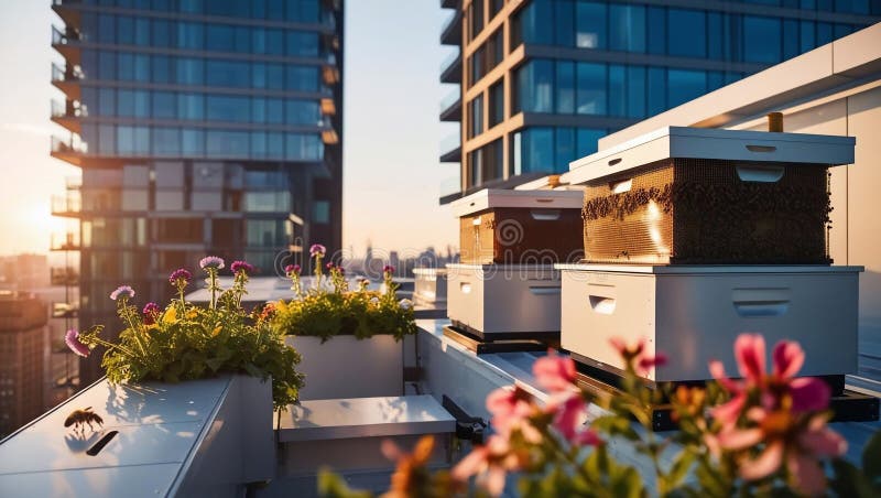 Urban Beekeeping on Rooftop with Cityscape in Background Stock ...