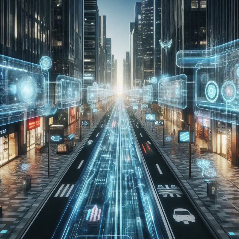 An Urban Boulevard Lined with Dynamic Animated Signage and Holog Stock ...