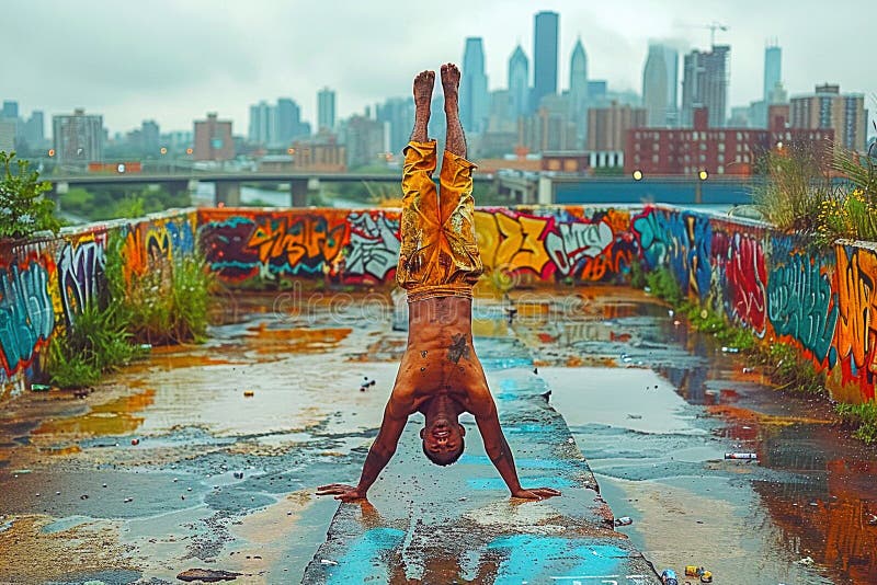 Urban Breakdancer Performing Handstand on Graffiti-Adorned Ground with ...