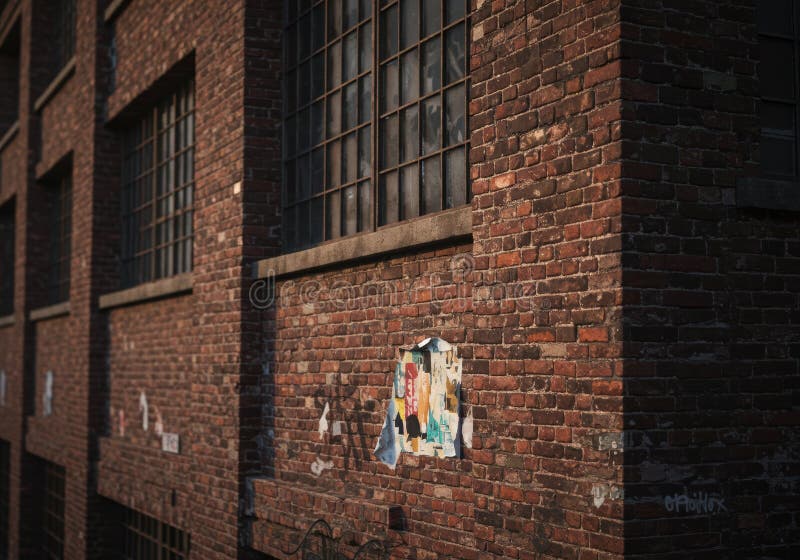 Urban Brick Wall with Graffiti and Industrial Windows in Soft Evening ...