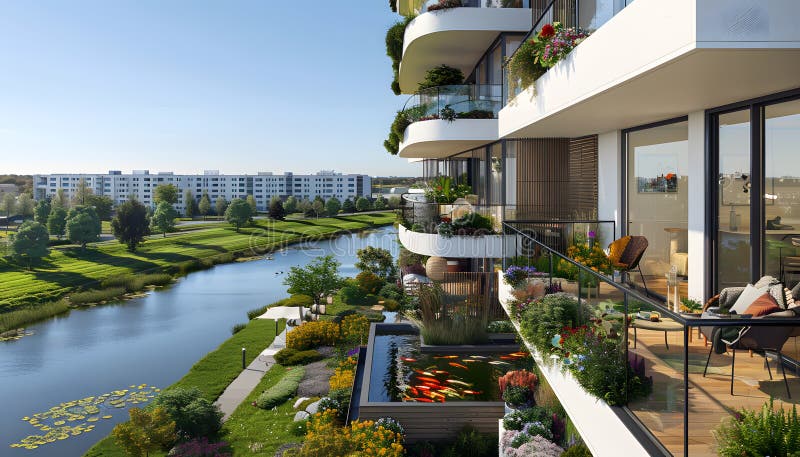 Urban Building with Riverfacing Balconies, Surrounded by Trees and ...