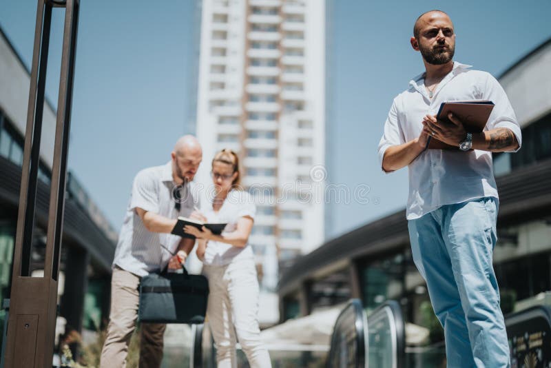 Urban Business Professionals Working Outdoors in a Modern City Setting ...