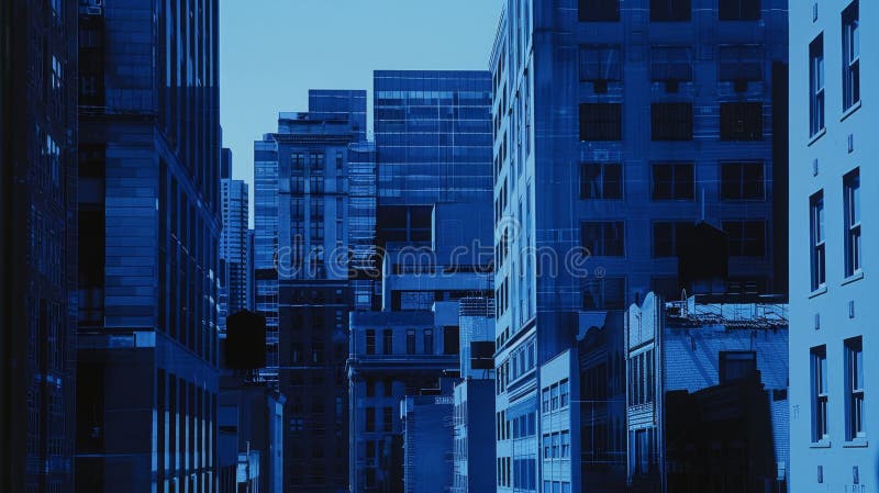 Urban Canyon: Blue-Tinged Cityscape Amid High Rises Stock Photo - Image ...