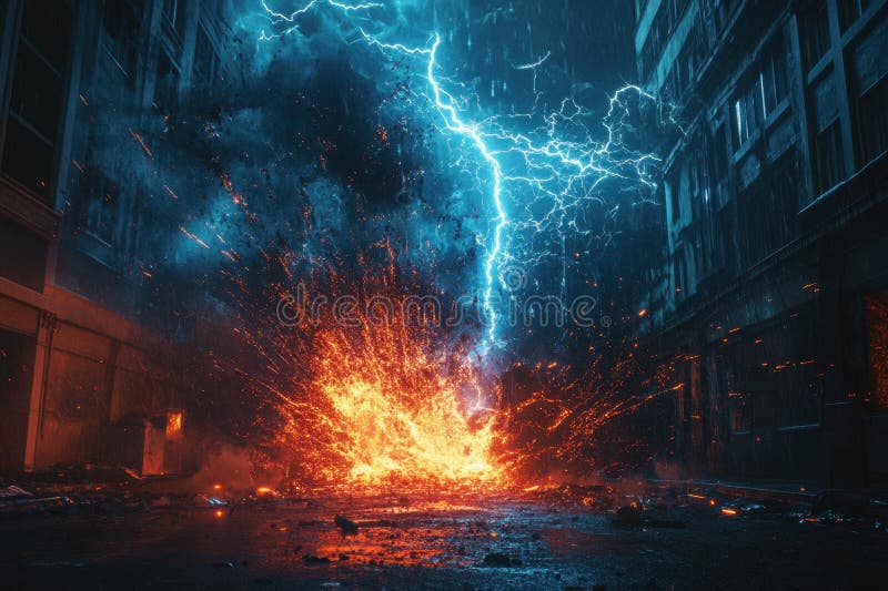 Urban Chaos - Explosive Destruction in the Rain Stock Image - Image of ...