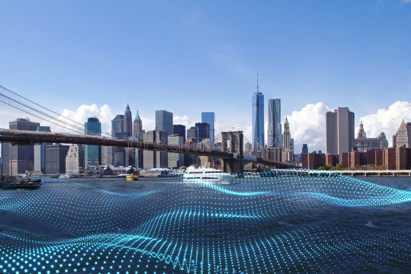 Urban City Background with Abstract Polygonal Wave Waterfront Mesh and ...