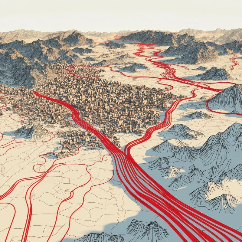 Urban City Map with Red Highlighted Roads. Cityscape Surrounded by ...