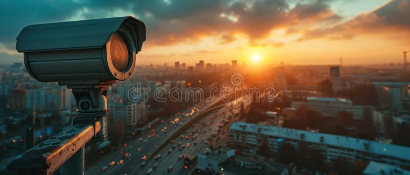 Urban City View with CCTV Security Camera System - AI Generated Stock ...