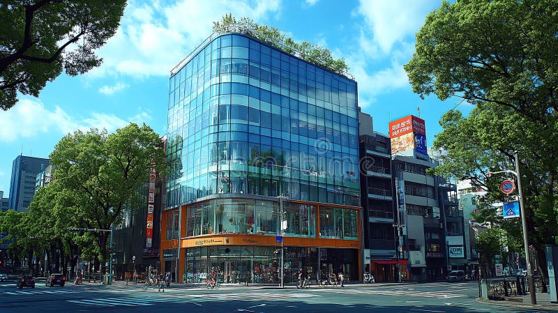 Urban Cityscape Corner with Modern Building, Trees, and Shops Stock ...