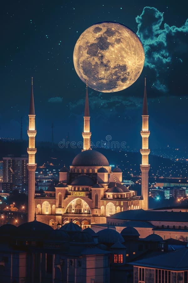 Urban Cityscape with Full Moon in Night Sky, Suitable for Backgrounds ...