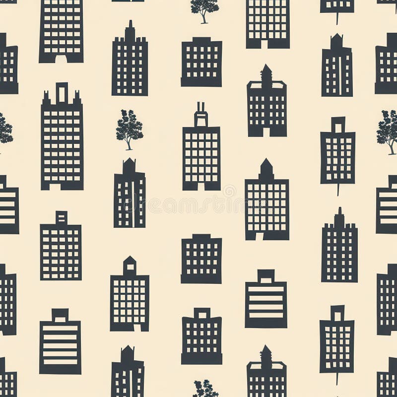Urban Cityscape Pattern with Buildings and Trees on Light Background ...