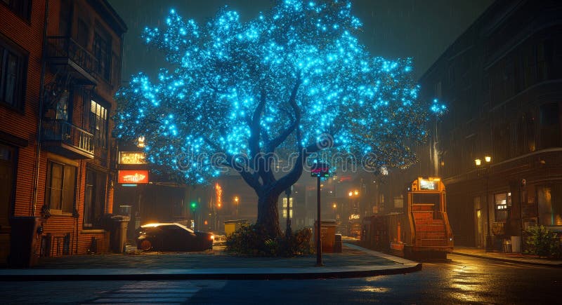 Urban Cityscape Scenery Featuring a Tree with Blue Lights Stock Photo ...