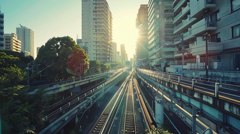 Urban Cityscape with Train Tracks and Buildings Generated Using AI ...