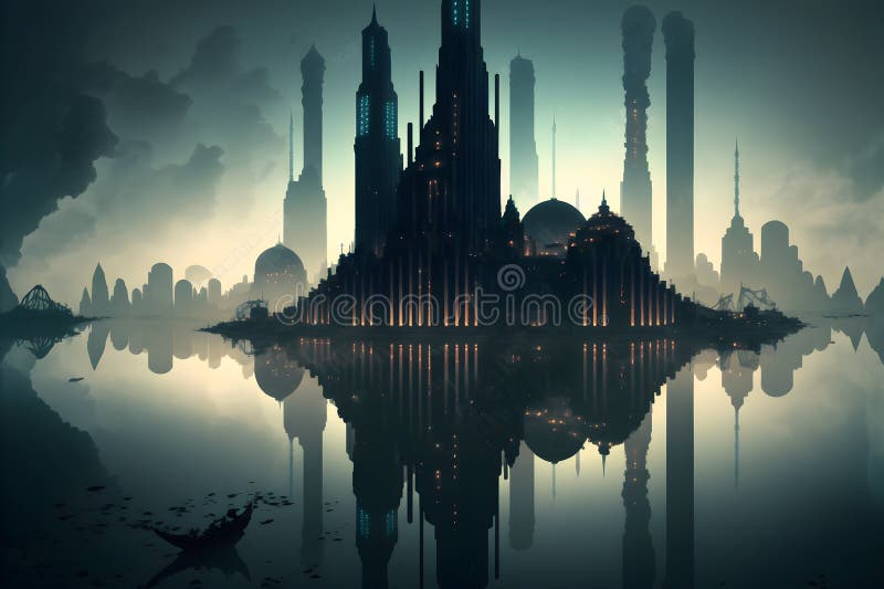 Urban Cityscape on Water Being Backlit by a Glowing Eclipse. Neural ...