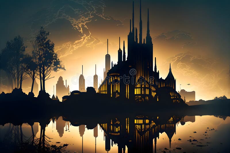 Urban Cityscape on Water Being Backlit by a Glowing Eclipse. Neural ...