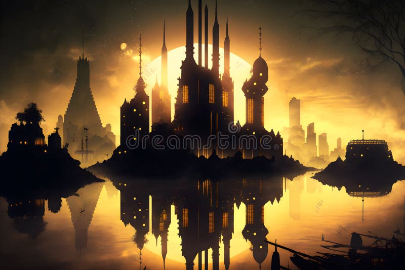 Urban Cityscape on Water Being Backlit by a Glowing Eclipse. Neural ...