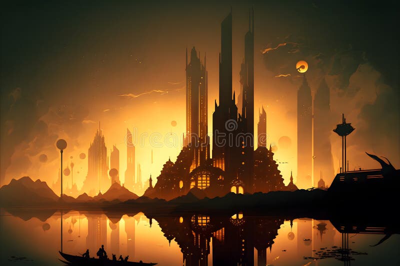 Urban Cityscape on Water Being Backlit by a Glowing Eclipse. Neural ...