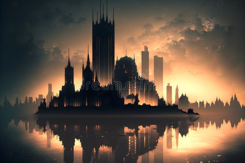 Urban Cityscape on Water Being Backlit by a Glowing Eclipse. Neural ...