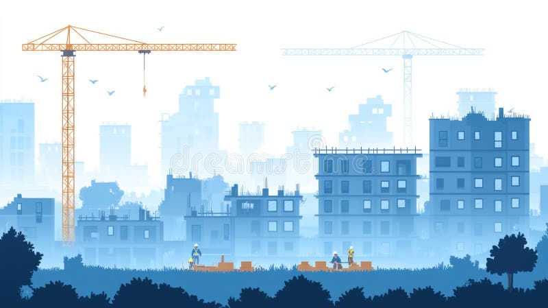 Urban Construction Scene with Cranes and Buildings in Misty Cityscape ...
