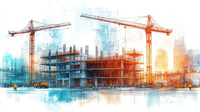 Urban Construction Scene with Tower Cranes and Building Frameworks Stock Image - Image of ...