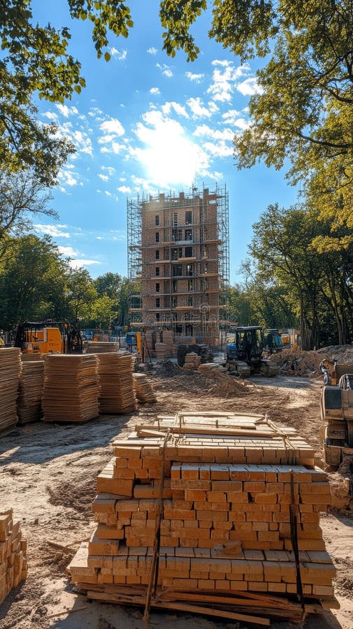 Urban Construction Site with Brick Materials and Scaffolding Under ...