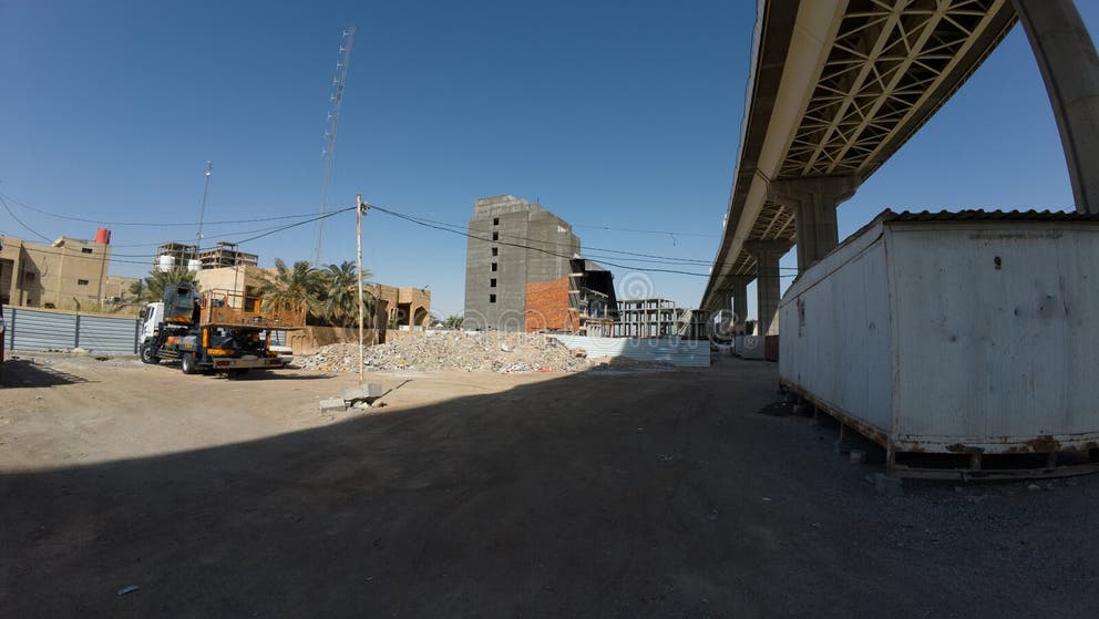 Urban Construction Site with Bridge and Debris Stock Image - Image of ...