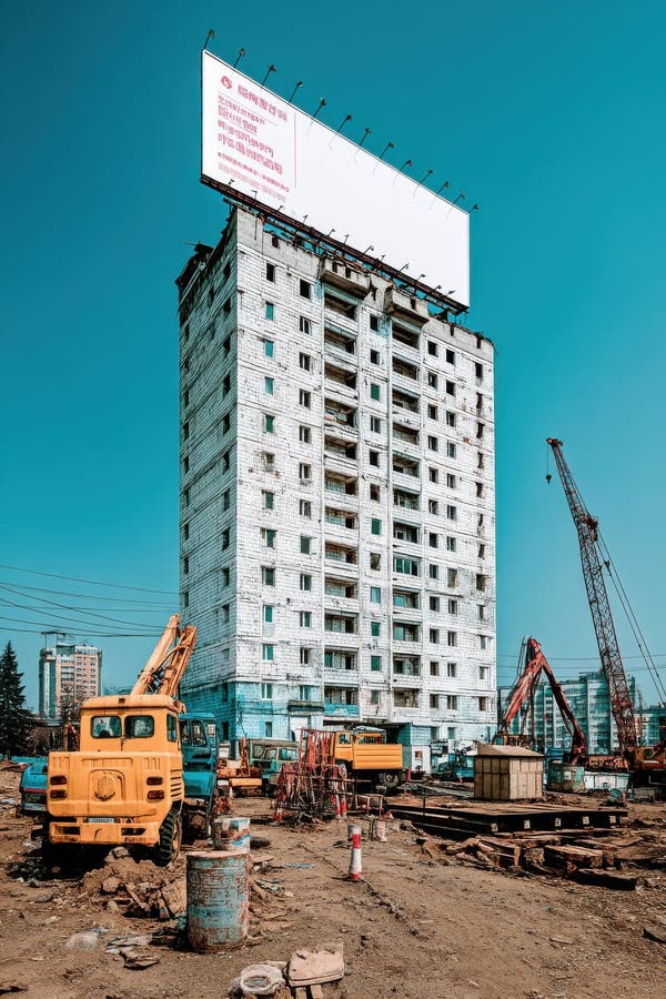 Urban Construction Site with Building and Blank Billboard Under Clear ...