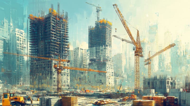 Urban Construction Site with Cranes and Skyscrapers Stock Illustration - Illustration of ...
