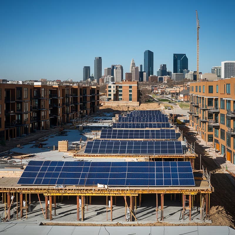 Urban Construction Site Featuring Solar Panel Installation Stock ...