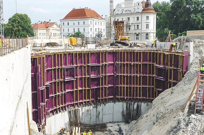 Urban Construction Site: Foundation Excavation and Formwork ...