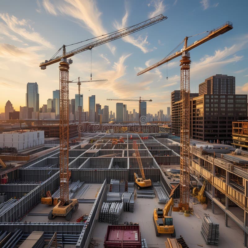 Urban Construction Site with Multiple Cranes Towering Over Steel ...