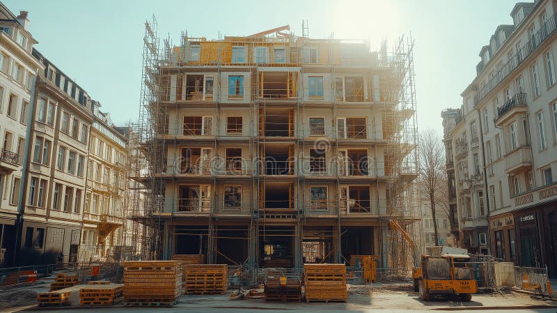 Urban Construction Site with Scaffolded Building Under Bright Sunlight ...