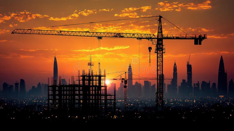 Urban Construction Site at Sunset with City Skyline and Tower Cranes ...